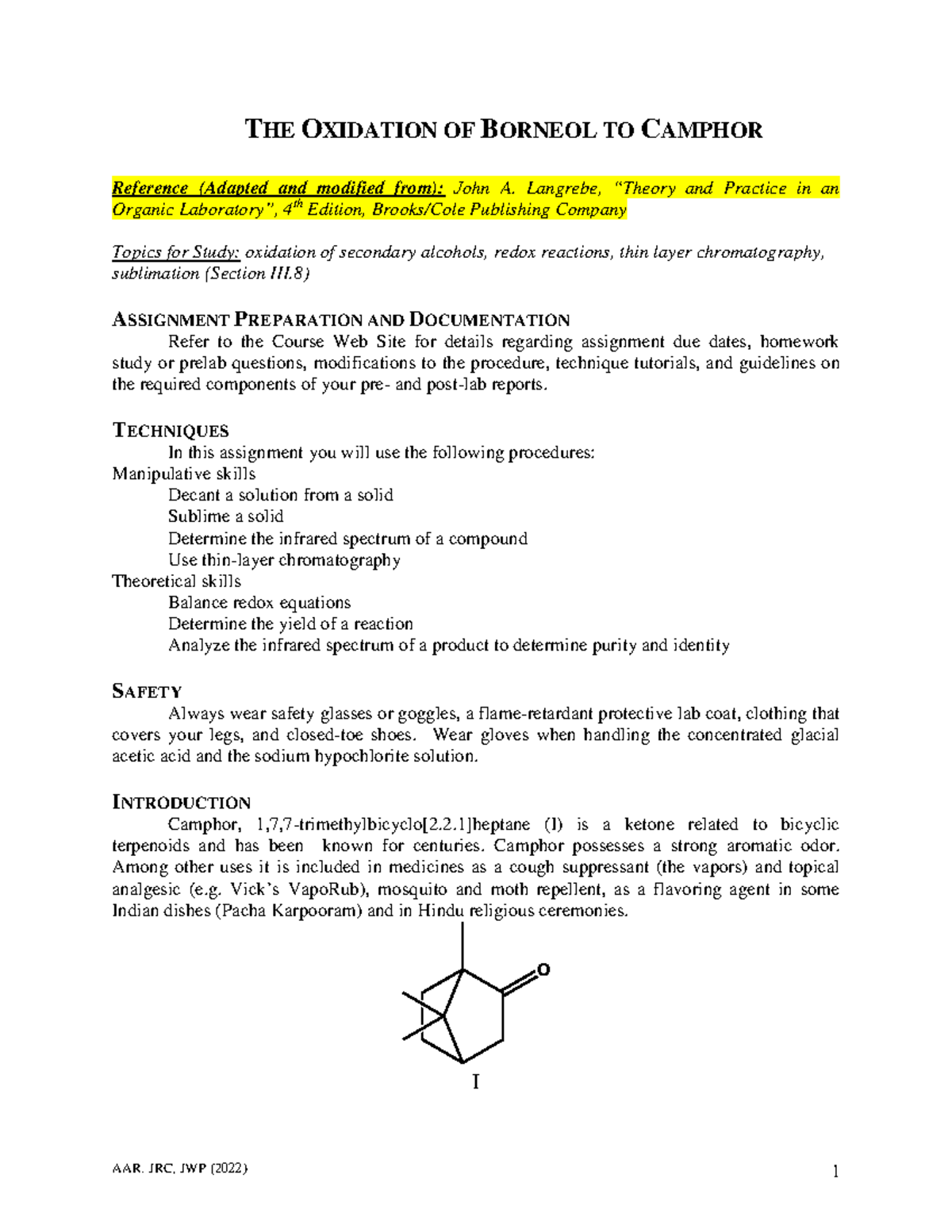 Oxidation of Borneol to Camphor: CHM 202 Lab Procedure Guide - Studocu