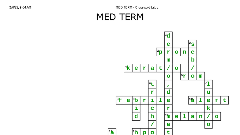 MED TERM - Crossword Puzzle Solutions and Clues - Studocu