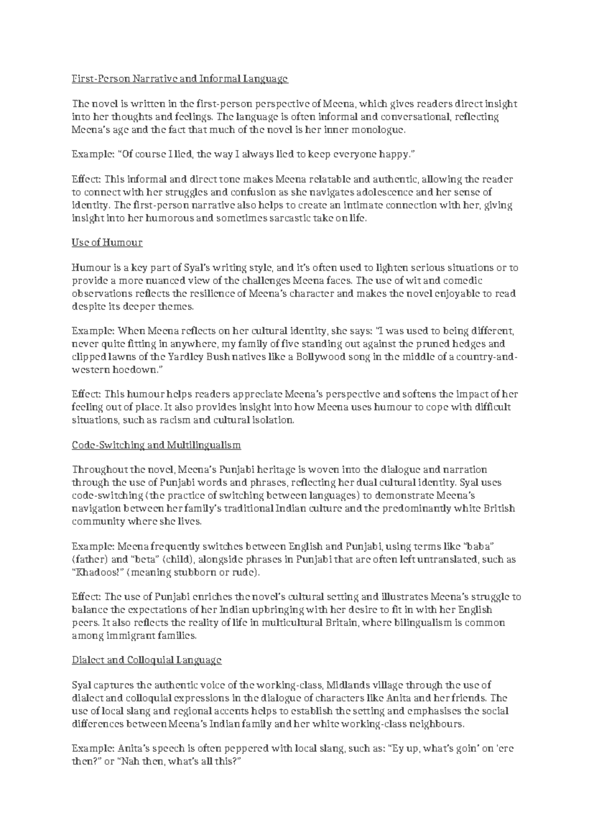 Anita and Me (Course Code: ENG 101) Key Analysis Points on Language and Identity - Studocu