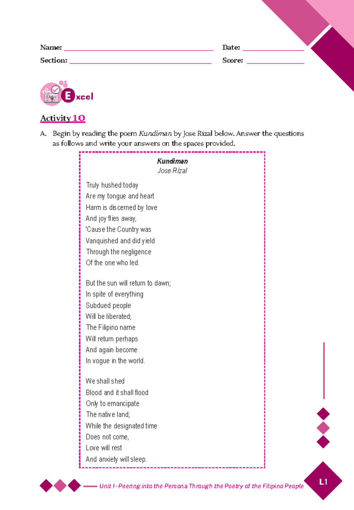 Unit I Lesson 1 - Activity 10 - Unit I - Peering into the Persona ...