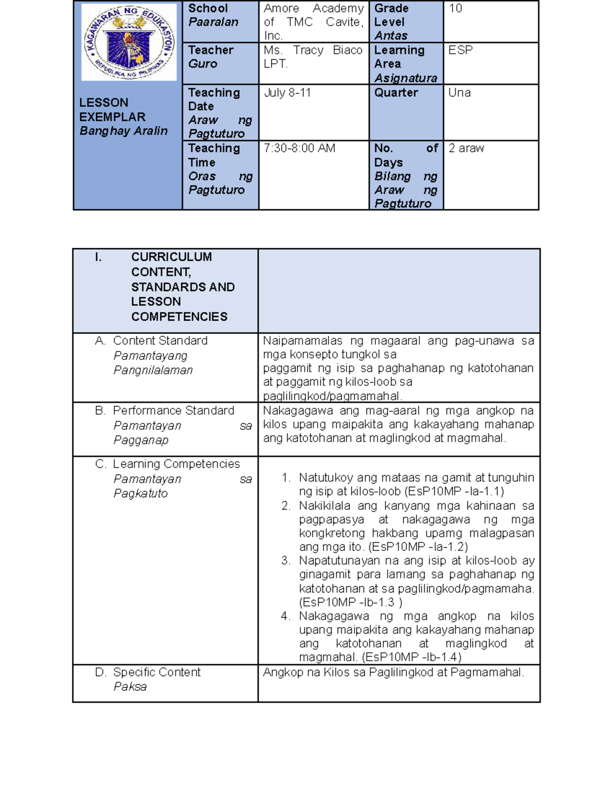 LE G10 ESPA2 Lesson Exemplar: Pagtuturo ng Espiritwal na Paglilingkod ...