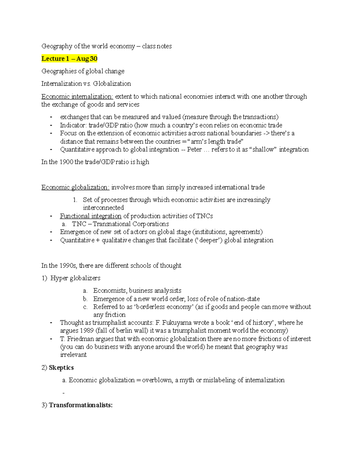 Geography of the World Economy - Class Notes (Ch 1-4) - Studocu