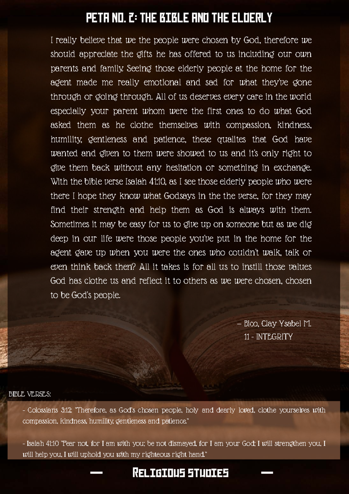 PETA No. 2: The Bible's Teachings on Caring for the Elderly - Studocu