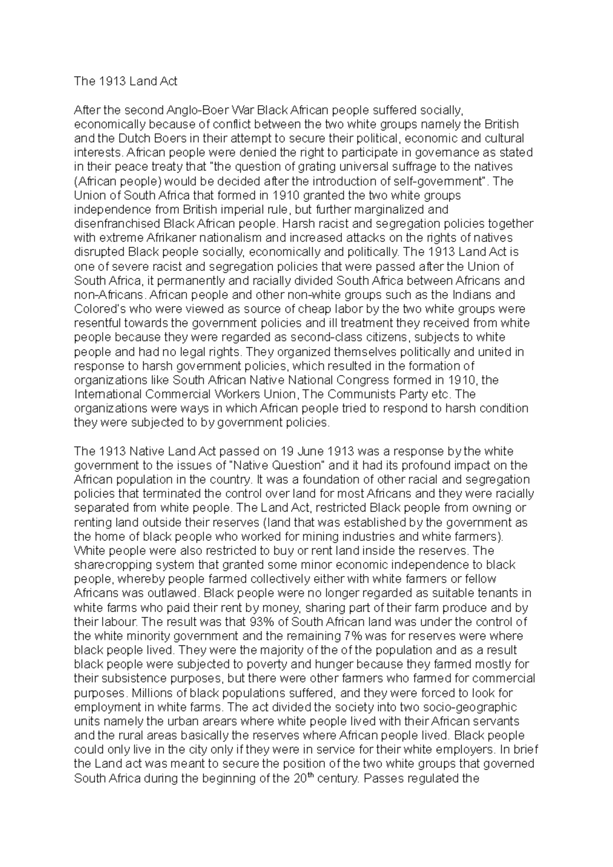 Revisiting the 1913 Native Land Act: Impacts and Responses - Studocu
