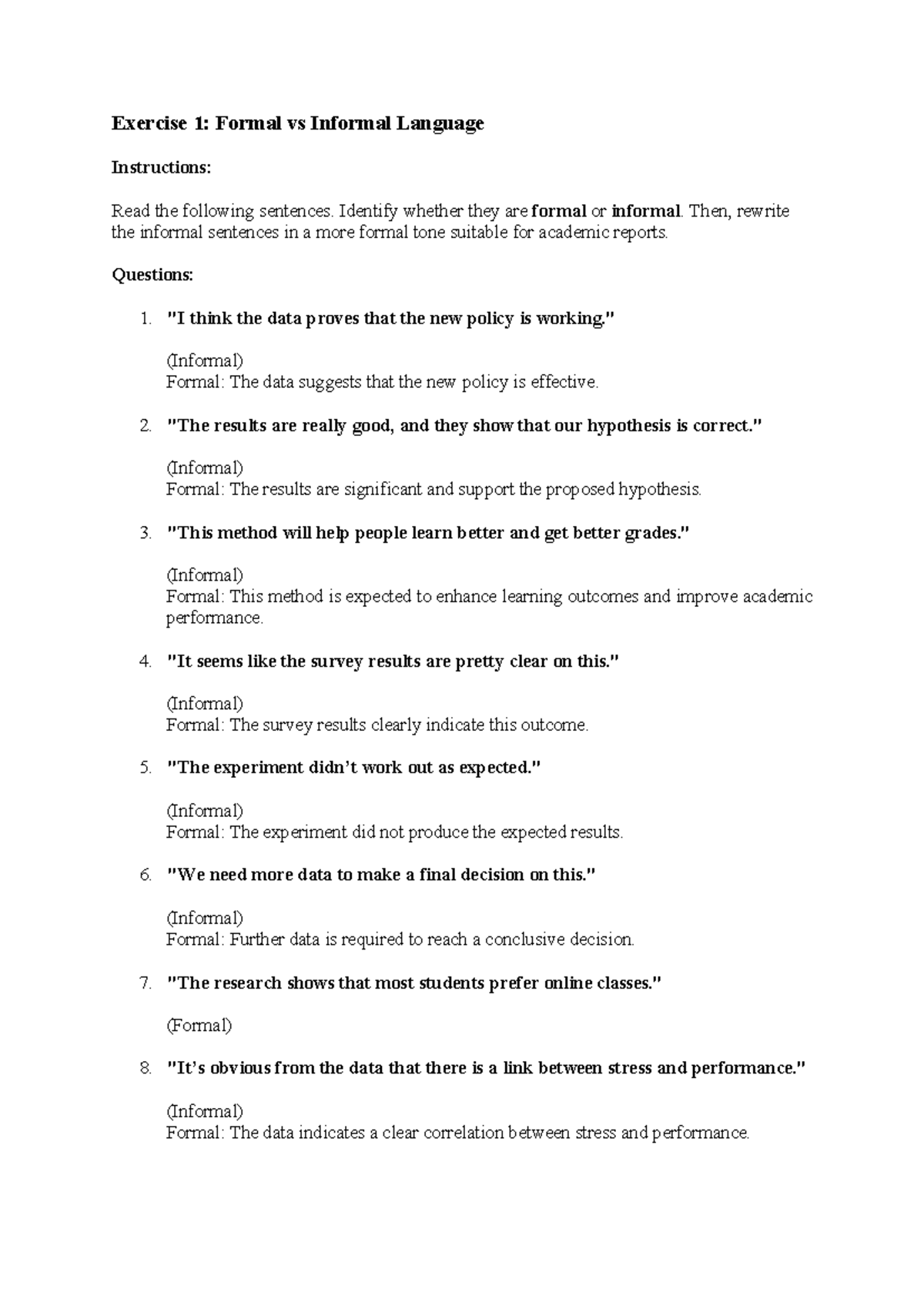 Exercise 2: Formal vs Informal Language Analysis - Studocu