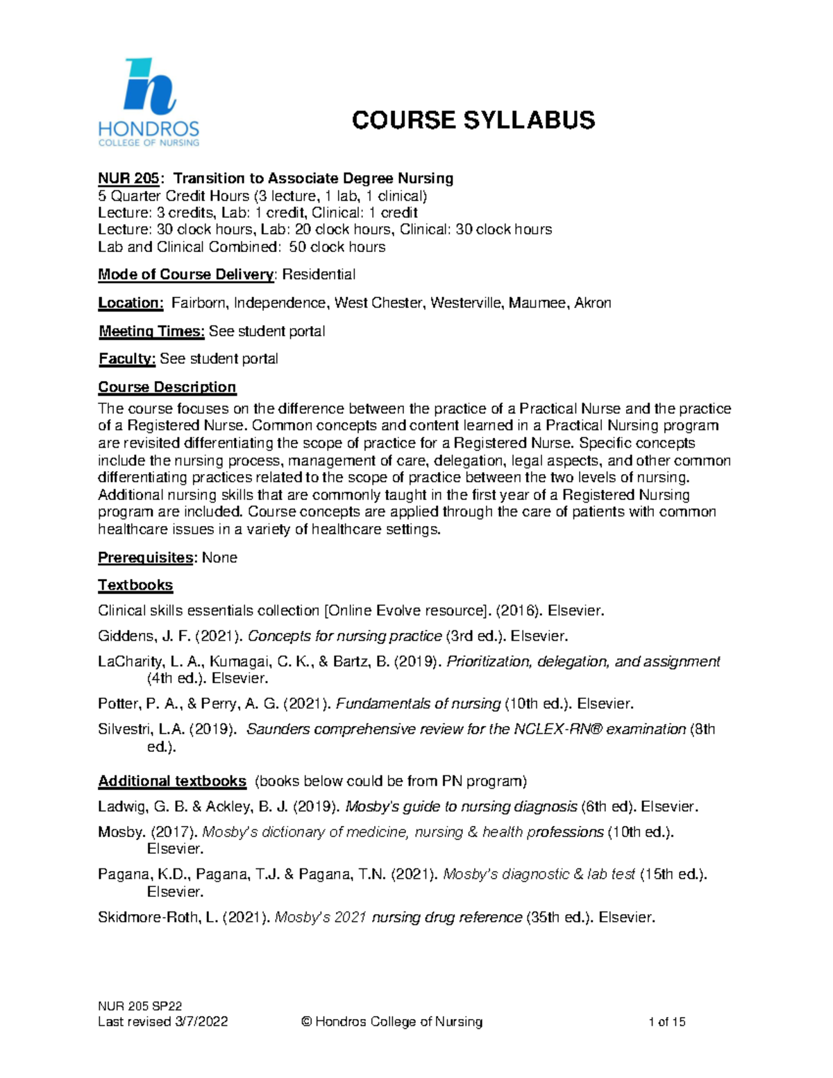 NUR 205 SP22 Syllabus: Transition to Associate Degree Nursing Overview ...