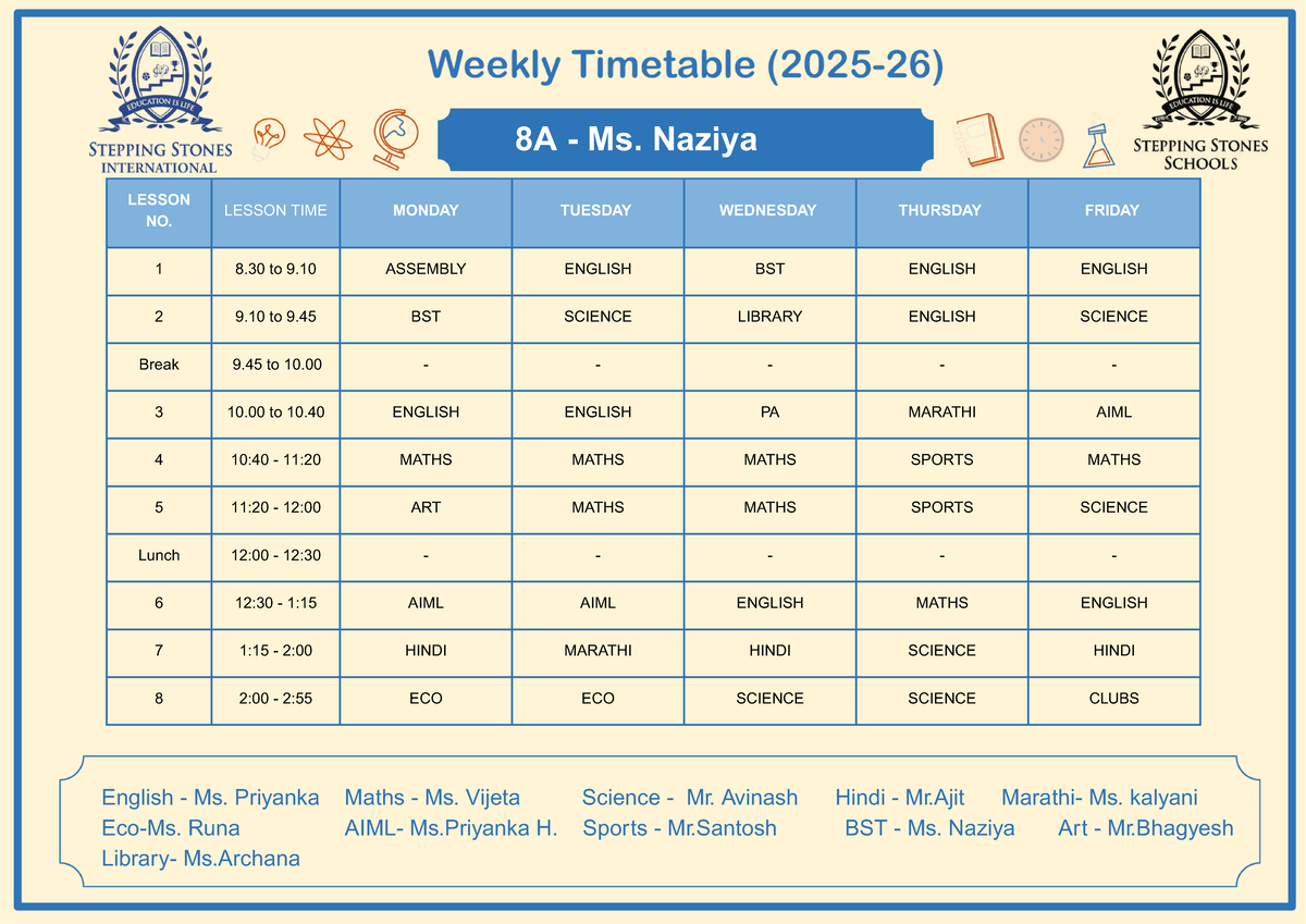 Class Timetable 2025-26: Weekly Schedule for 8A, 8B, and 10A - Studocu