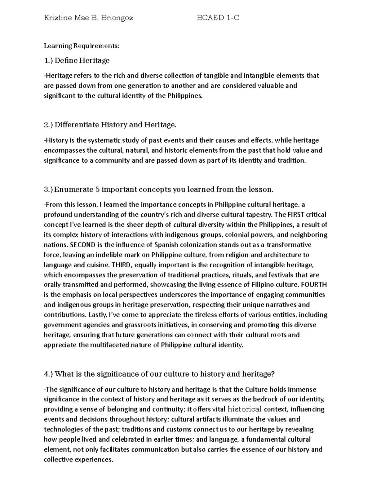 BCAED 1-C Final Exam: Insights on Philippine Cultural Heritage - Studocu