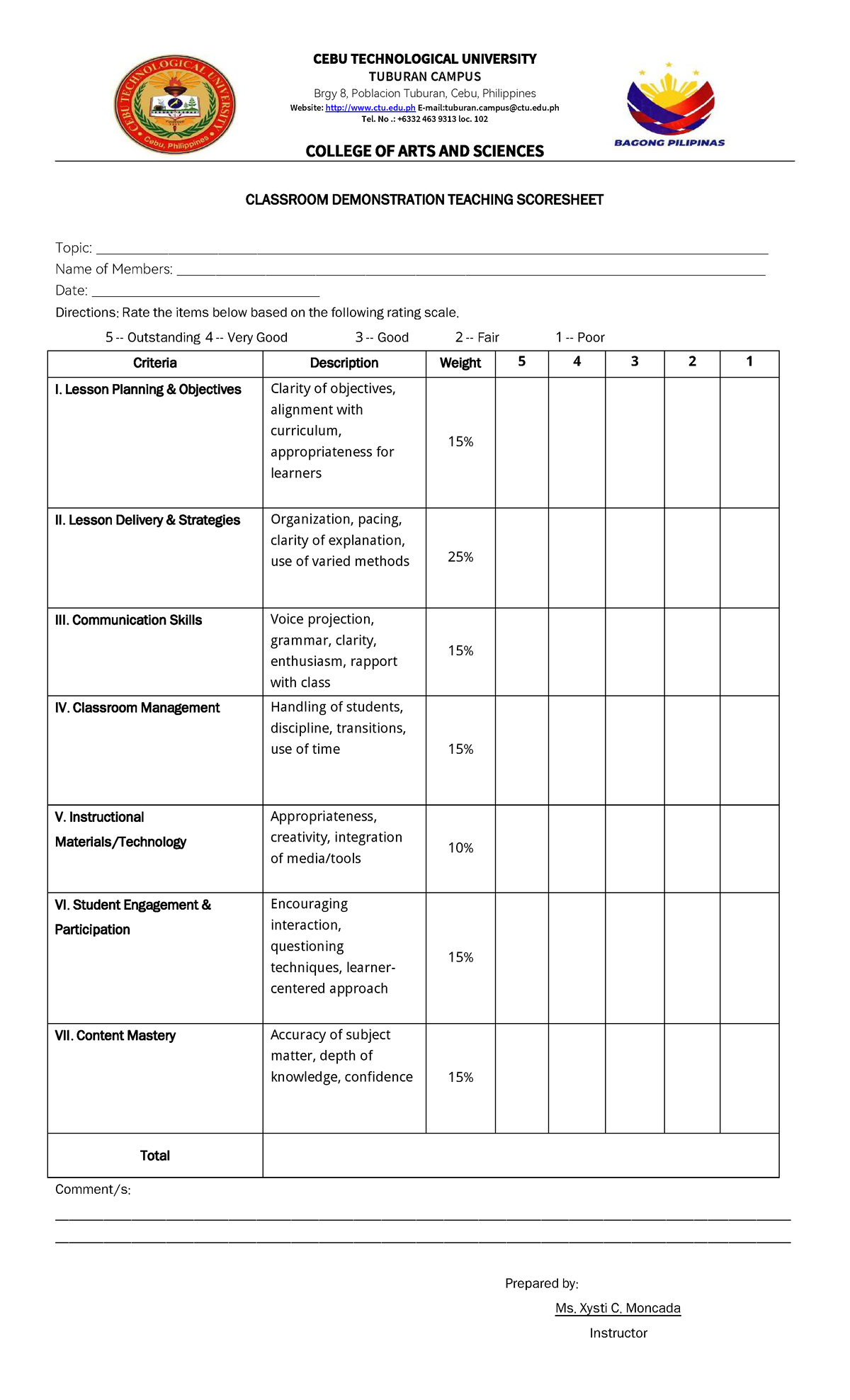 Classroom Demonstration Teaching Scoresheet (BAEL) - Studocu