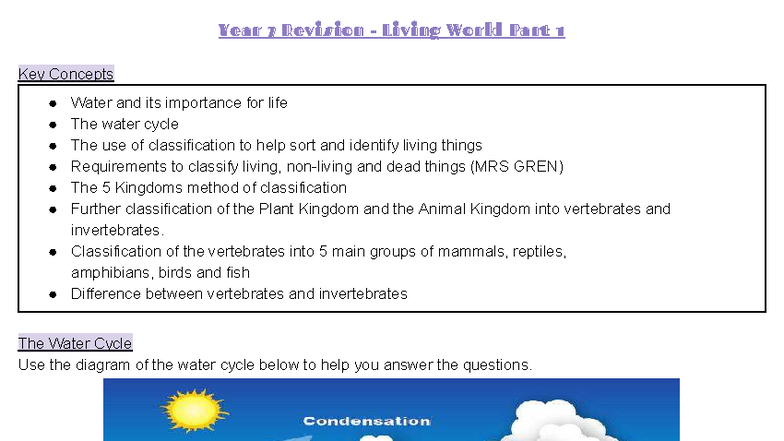 Year 7 Revision - Living World Part 1: Water Cycle & Classification ...