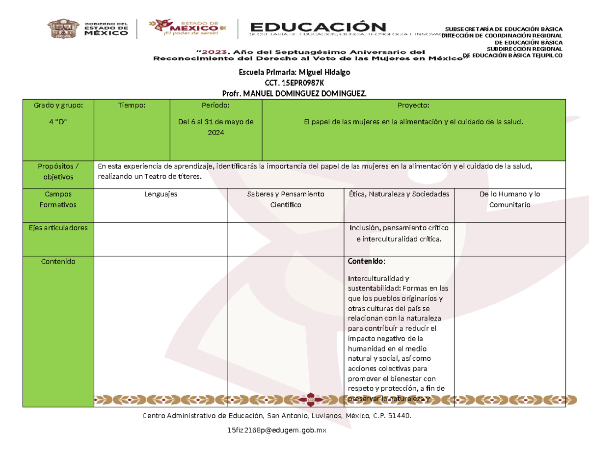 Proyecto: El Papel de las Mujeres en Alimentación y Salud - 4"D" - Studocu