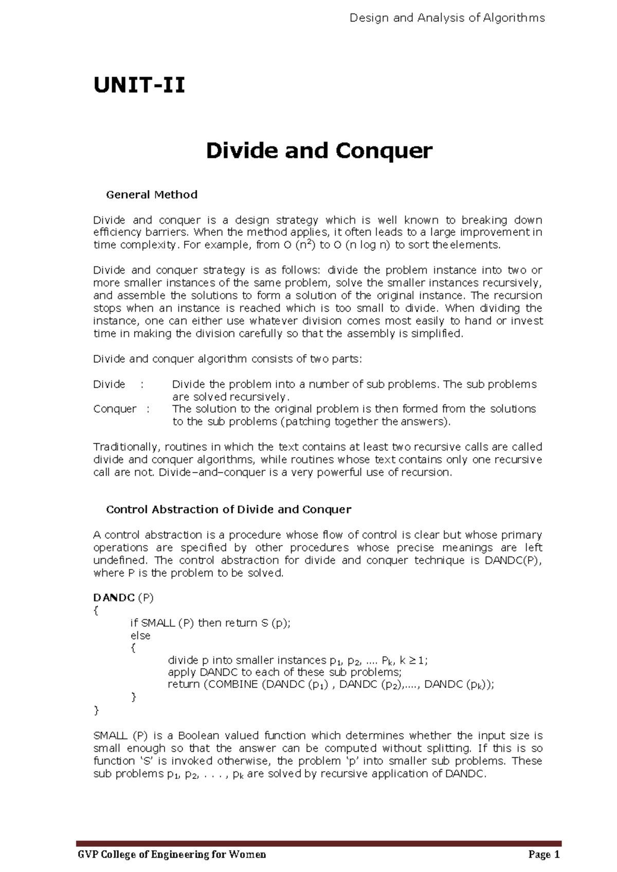 design and analysis of algorithm - UNIT-II Divide and Conquer General ...