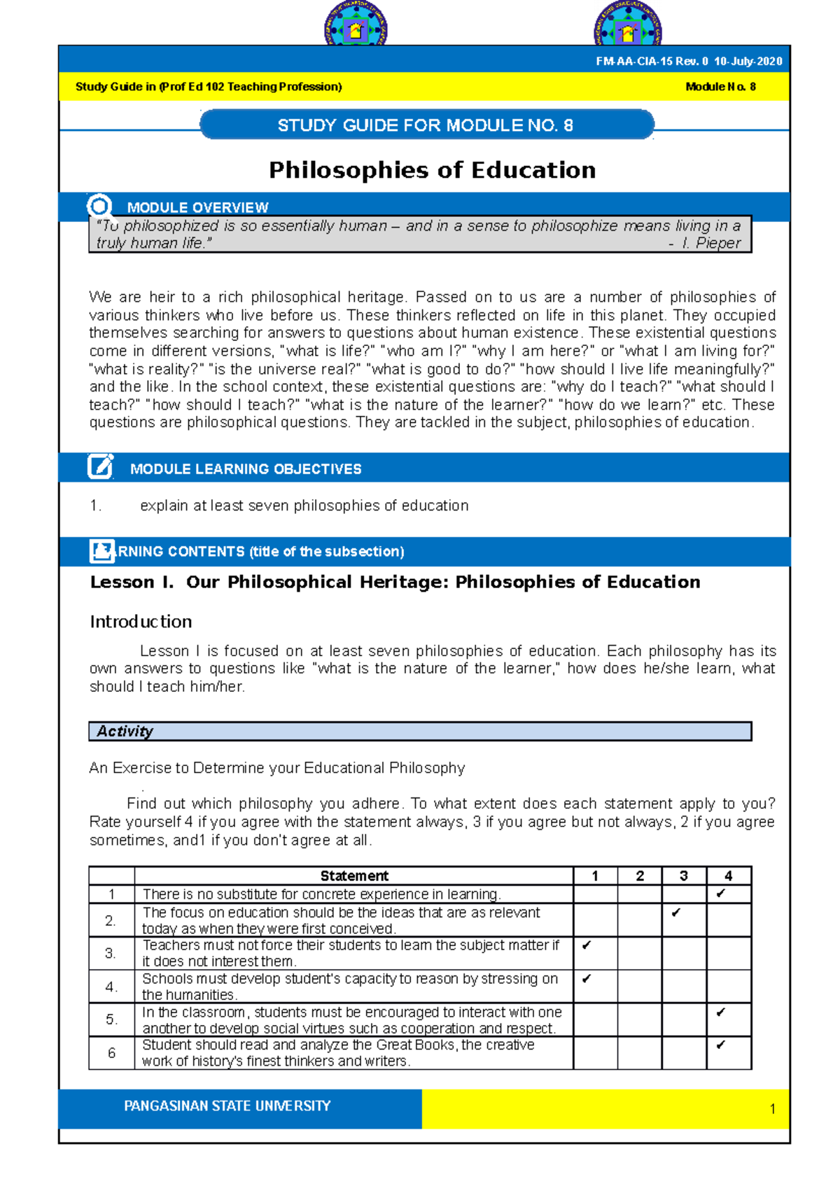 Module 8 Philosophy of Education Study Guide (Prof Ed 102) - Studocu