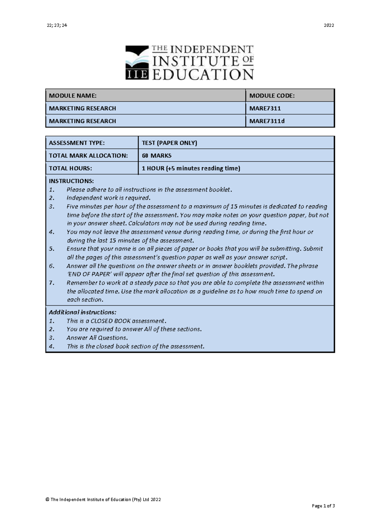 MARE7311 Marketing Research Test Paper - 2022 Past Exam - Studocu