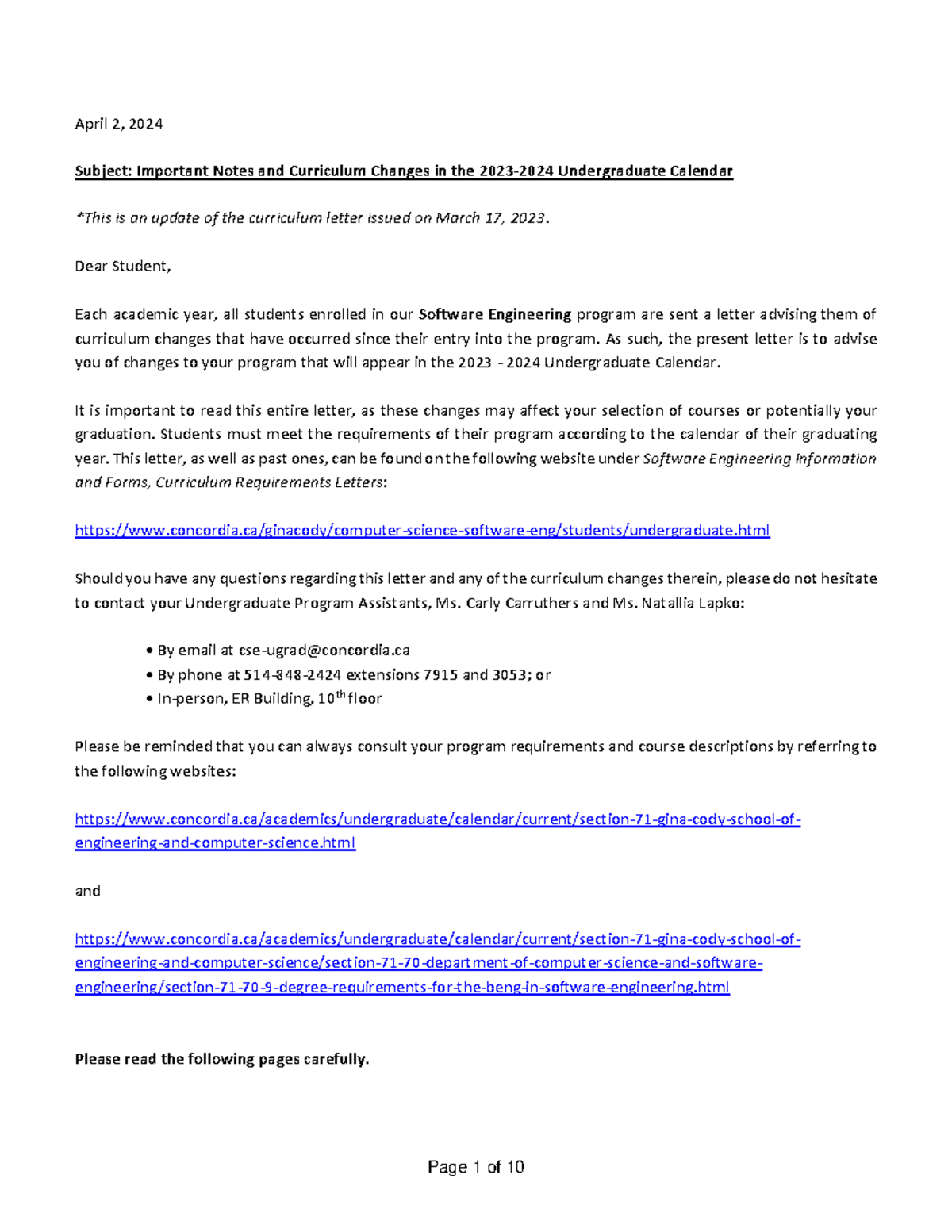 Revised SOEN Transition Letter 2023-2024: Curriculum Updates and ...