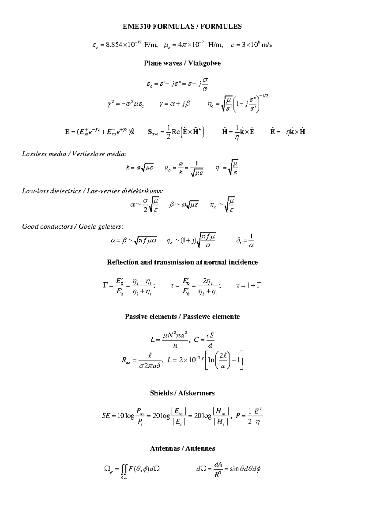 EME310 Formula Sheet: Key Equations & Concepts Overview - Studocu