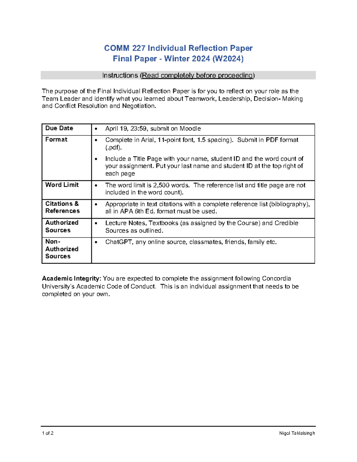 COMM 227 Final Individual Reflection Paper Guidelines (W2024) - Studocu
