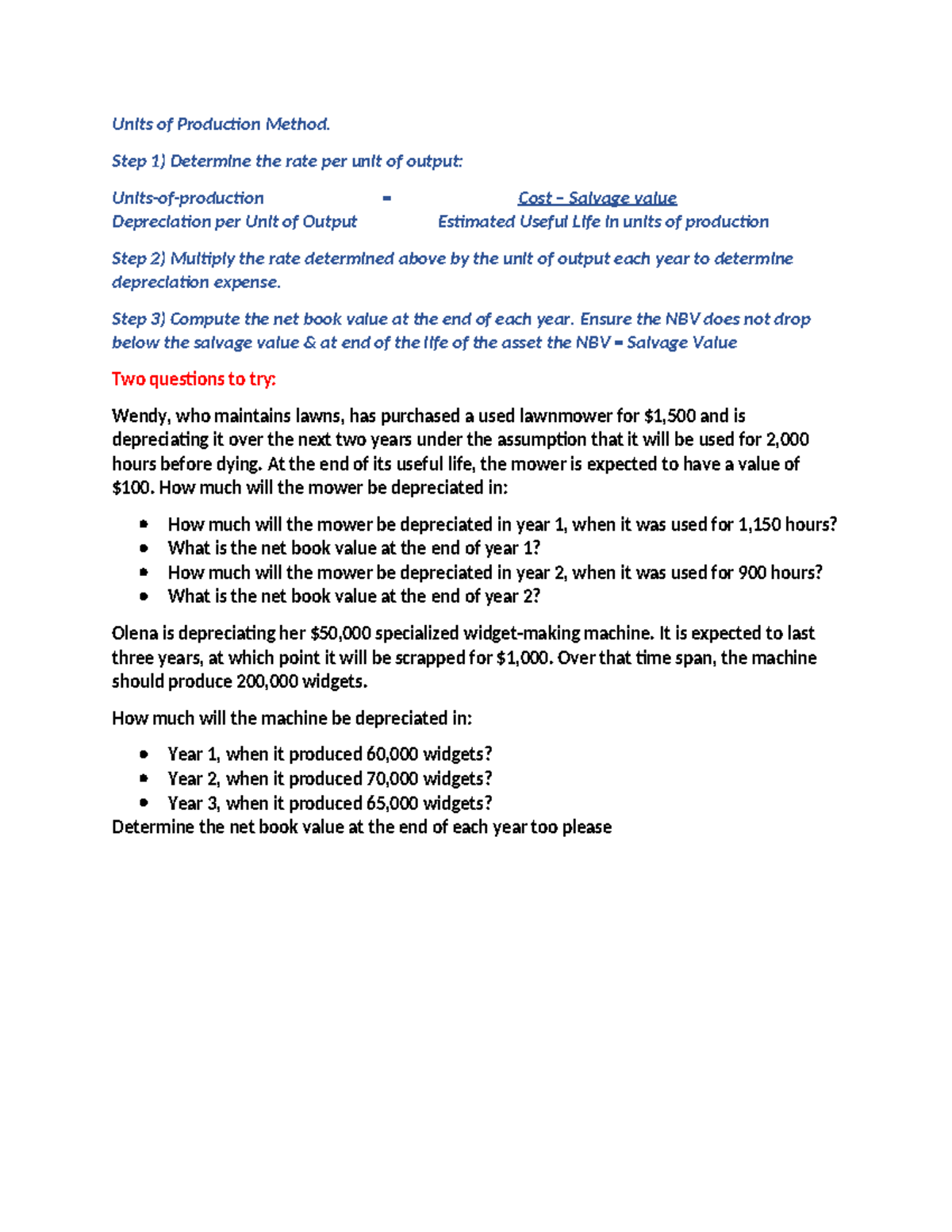Units of Production Method: Week 2 Class Notes on Depreciation - Studocu