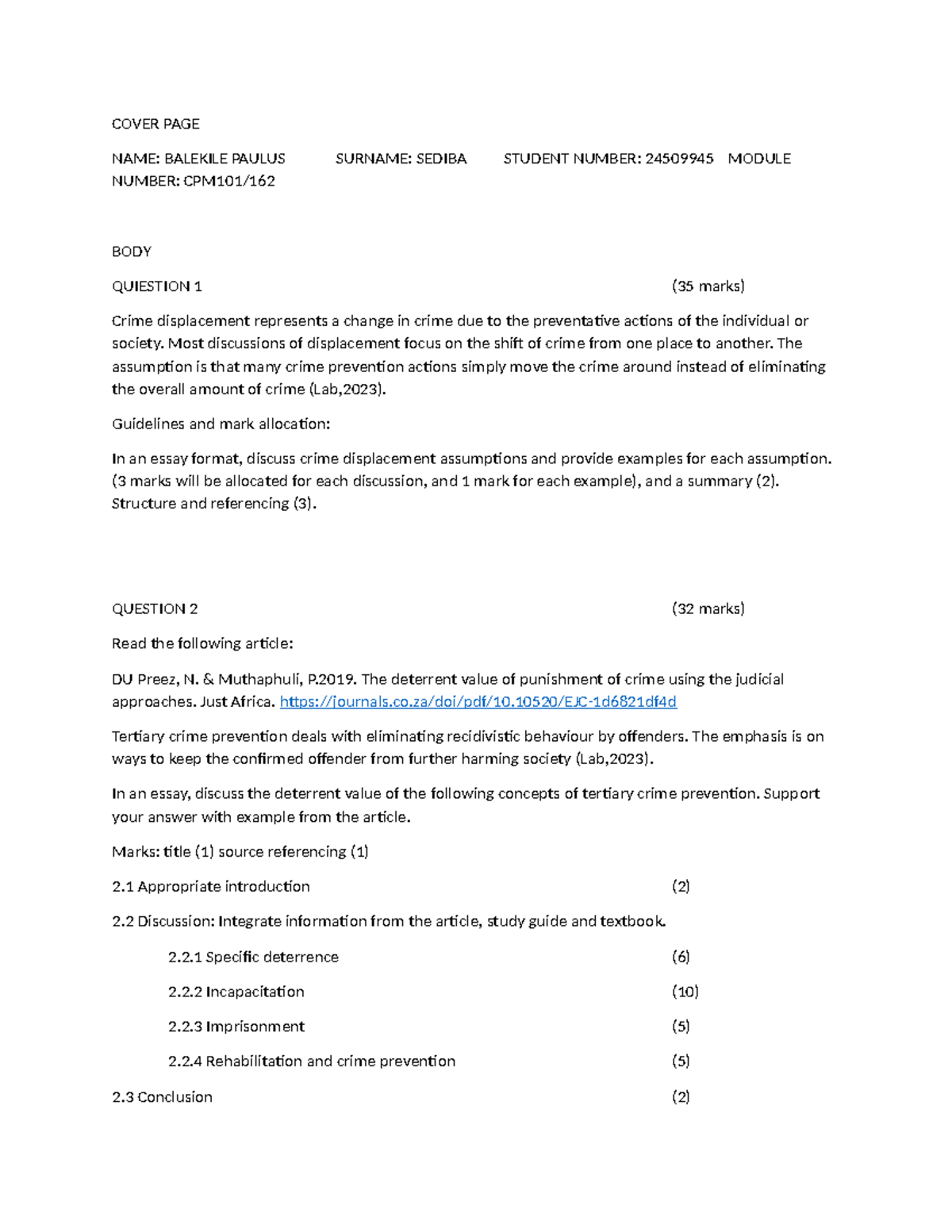 CPM101: Cover Page for Crime Displacement & Tertiary Crime Prevention ...