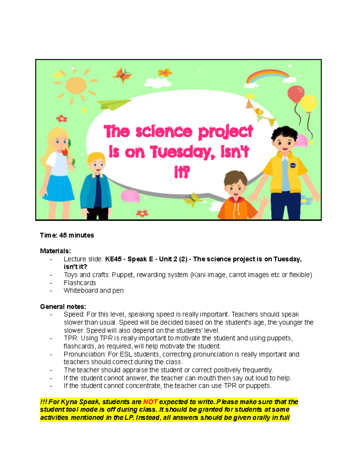 KE45 Speak E Unit 2: Science Project Preparation and Teaching ...
