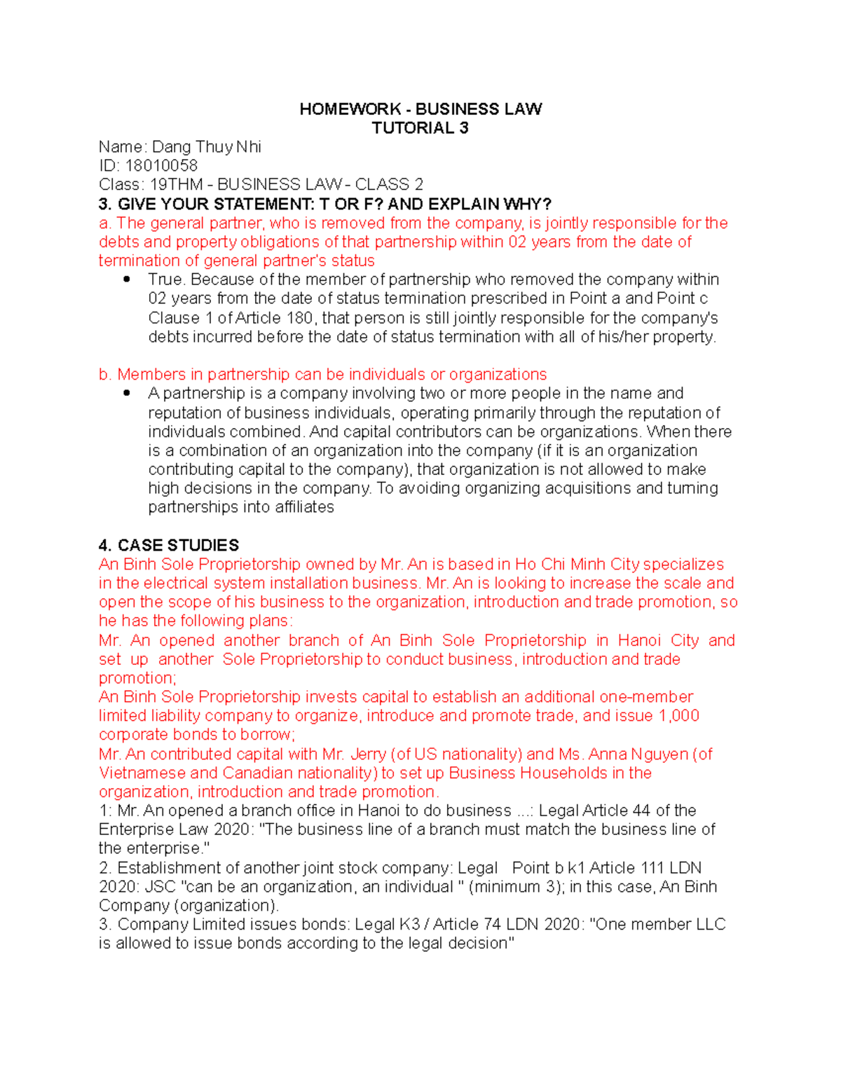 Homework - Business Law - Tutorial 3 by Dang Thuy Nhi - Studocu