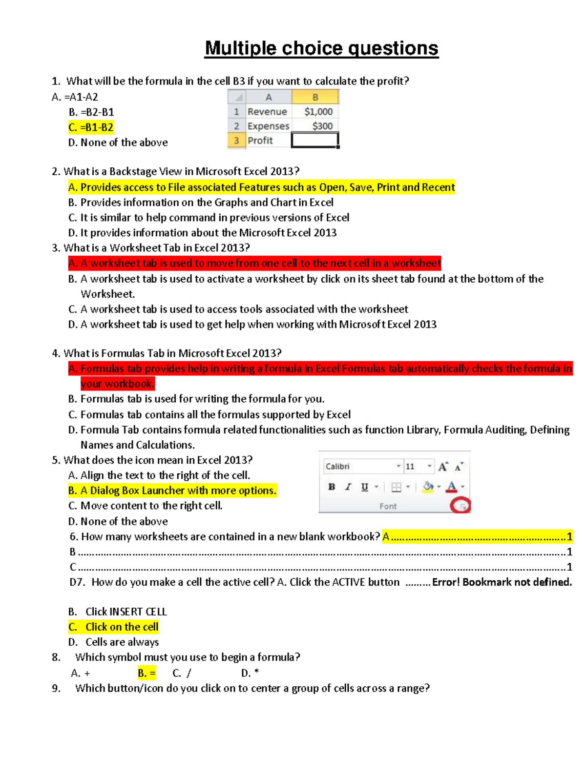 Excel 2013 MCQ Review: Questions & Answers for Exam Prep - Studocu