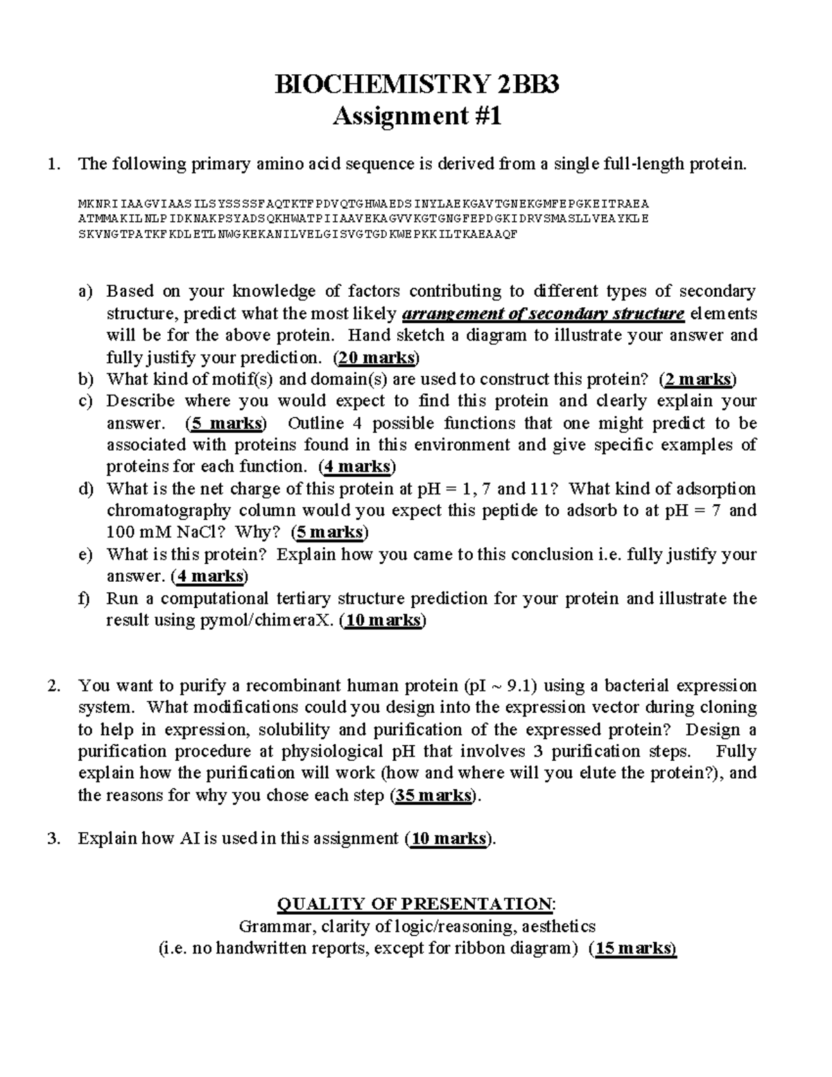 2026 2BB3 Biochemistry Assignment 1: Protein Structure & Purification ...