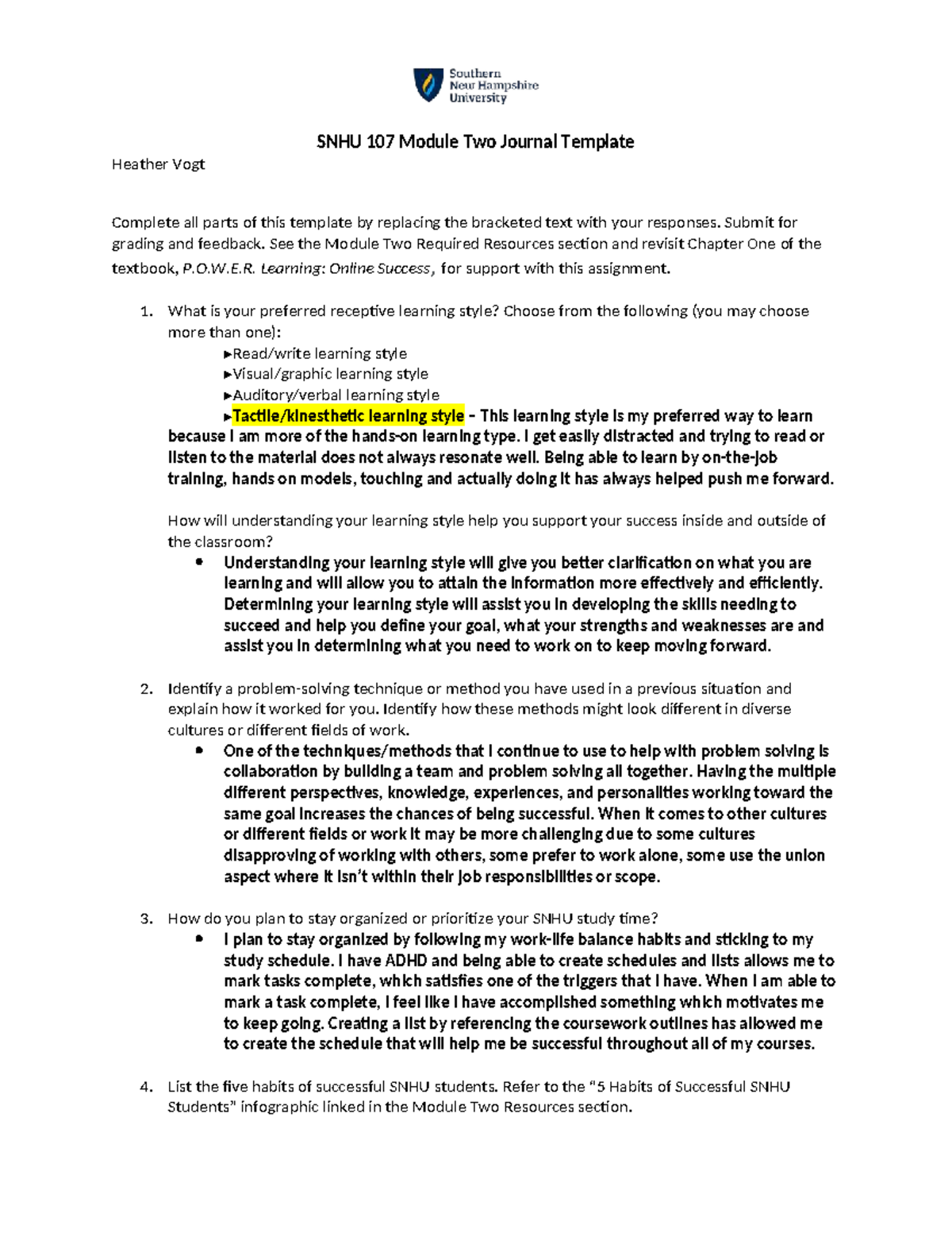 SNHU 107 Module 2 Journal: Learning Styles & Success Strategies - Studocu