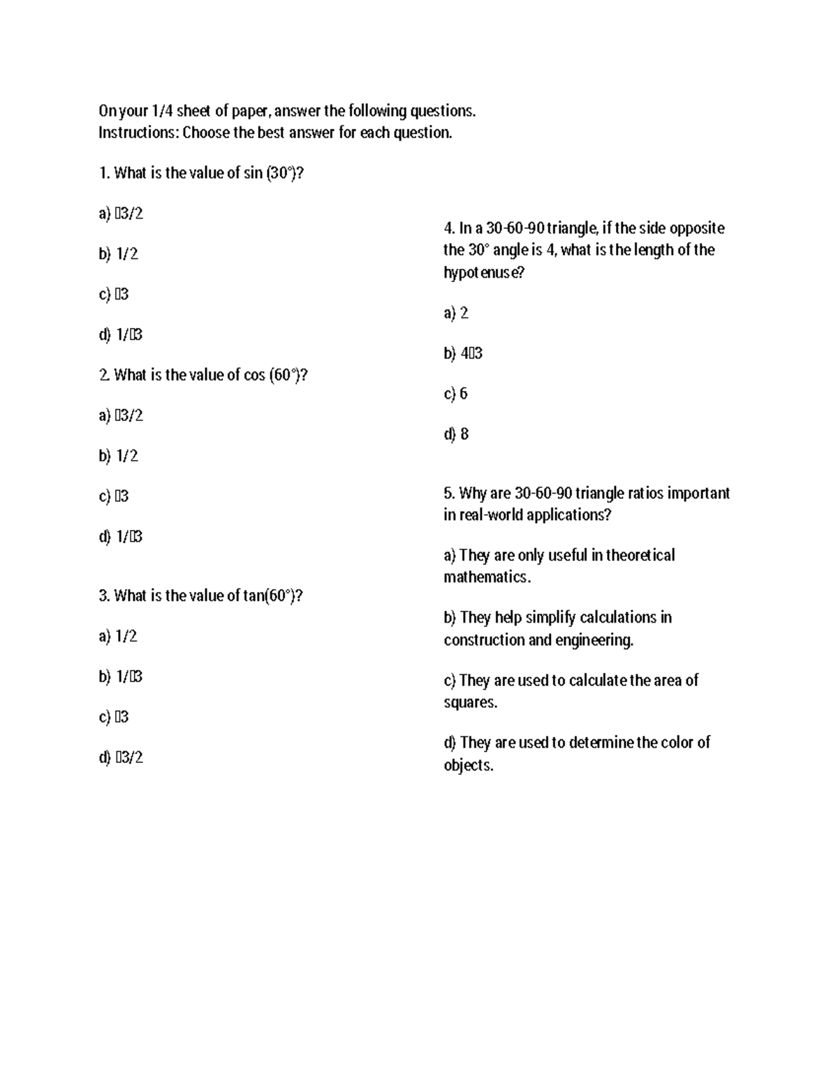 Math Quiz: Trigonometric Functions and Triangle Ratios (MATH101) - Studocu