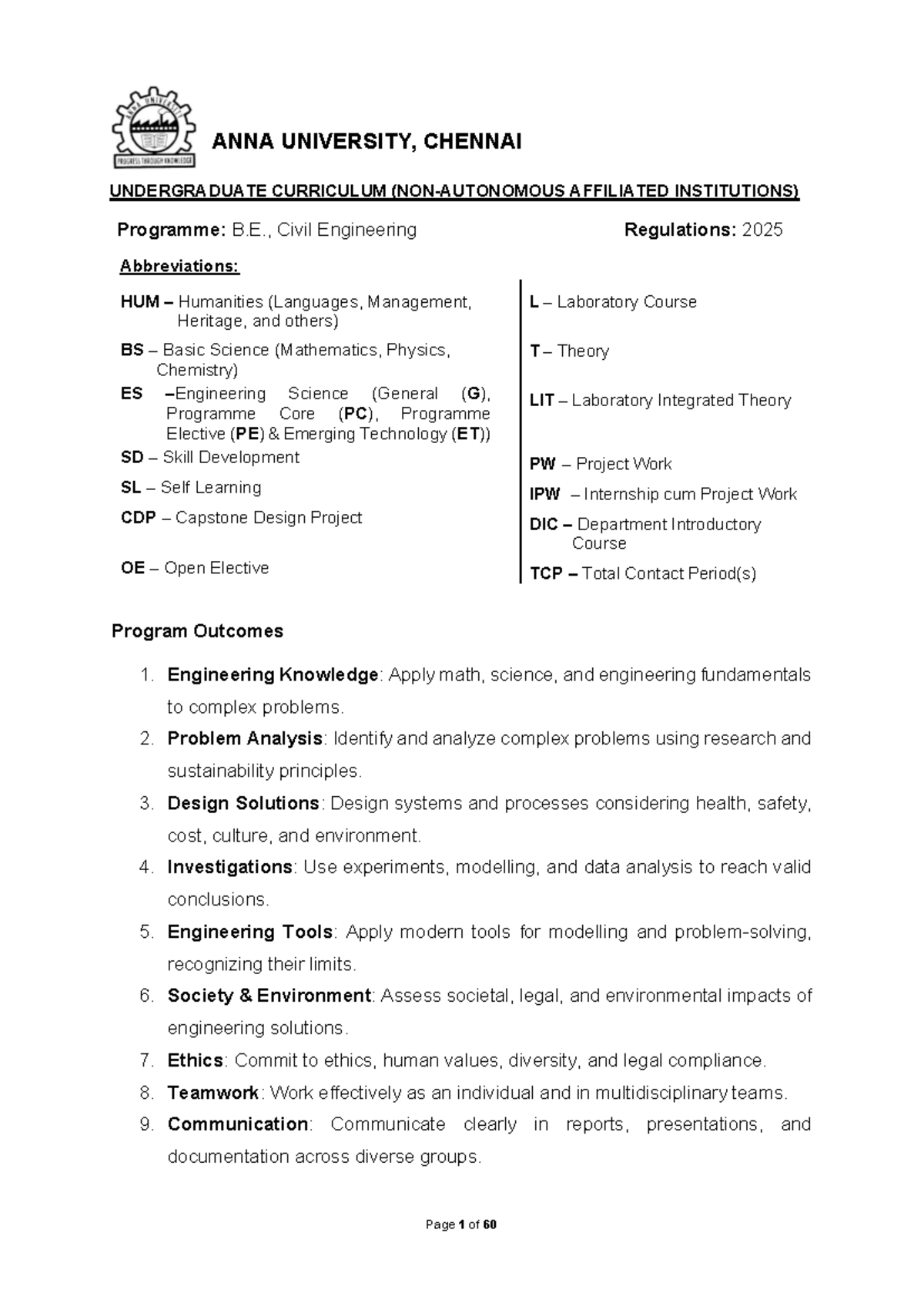 B.E. Civil Engineering Curriculum Overview (Regulations 2025) - Studocu