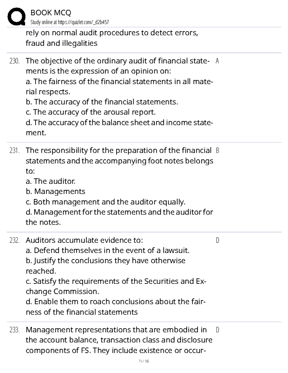 BOOK MCQ Study on Audit Procedures and Management Assertions 230-293 ...