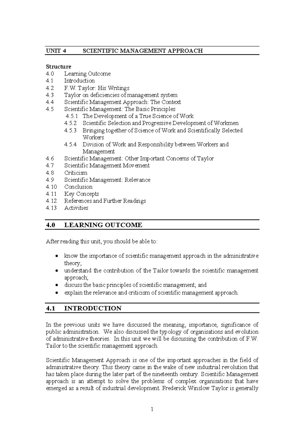UNIT 4: F.W. TAYLOR'S SCIENTIFIC MANAGEMENT APPROACH - Studocu