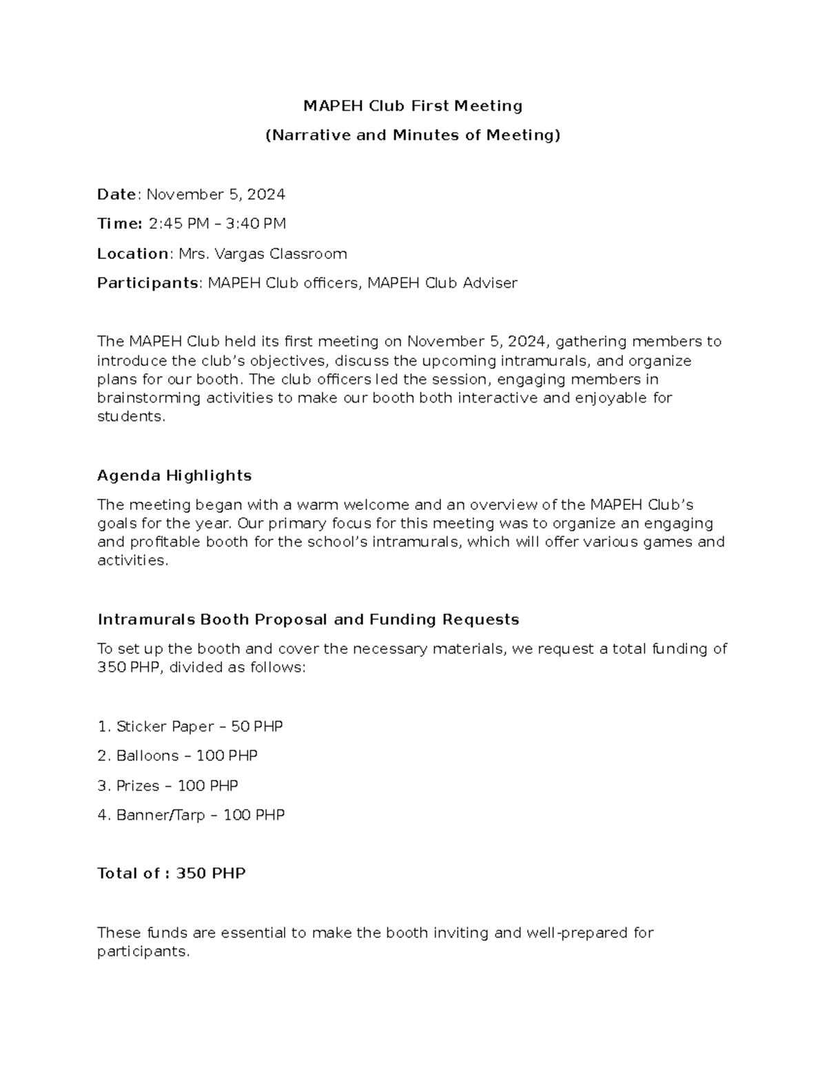 Minutes of meeting template - MAPEH Club First Meeting (Narrative and ...