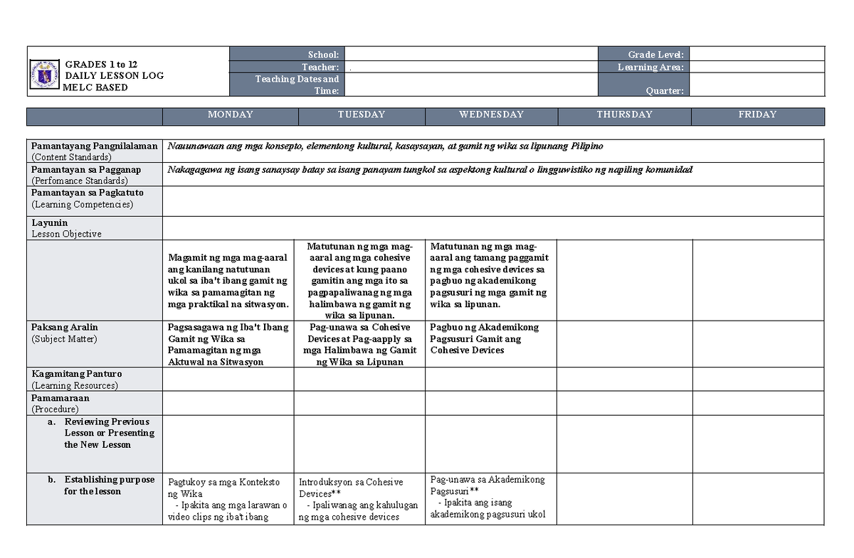 WEEK 4 DAILY LESSON LOG (GRADES 1-12) - COHESIVE DEVICES - Studocu