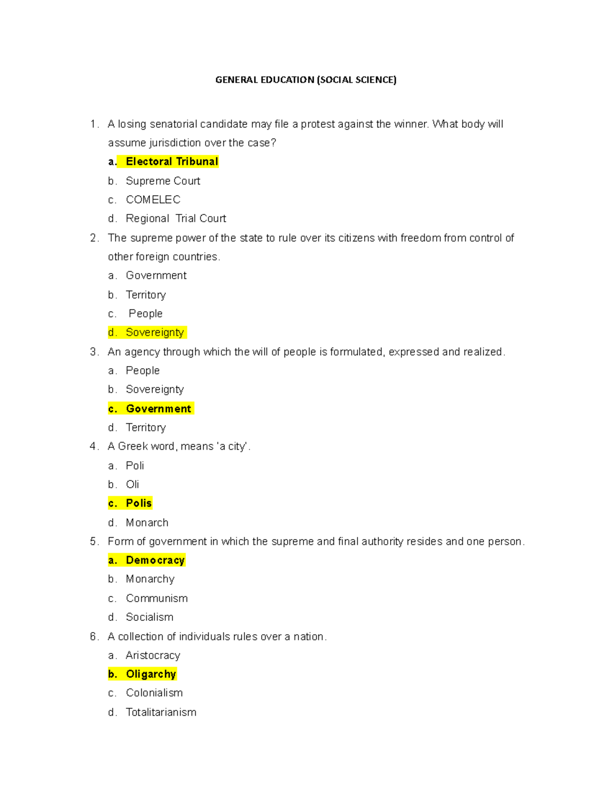 General Education (Social Science) Quiz Review Questions - Studocu