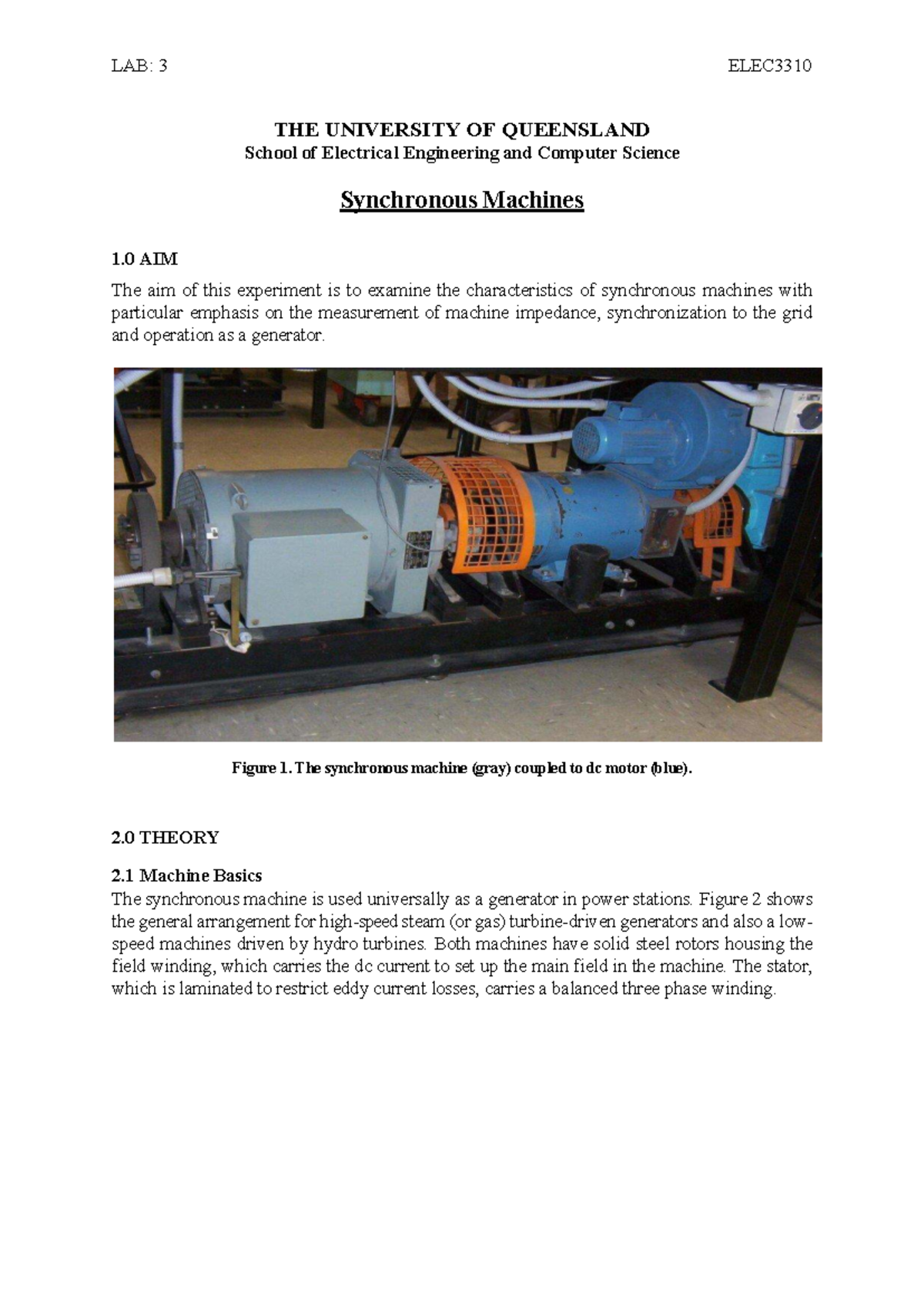 LAB: 3 ELEC3310 Synchronous Machines Experiment Report - 2025 - Studocu