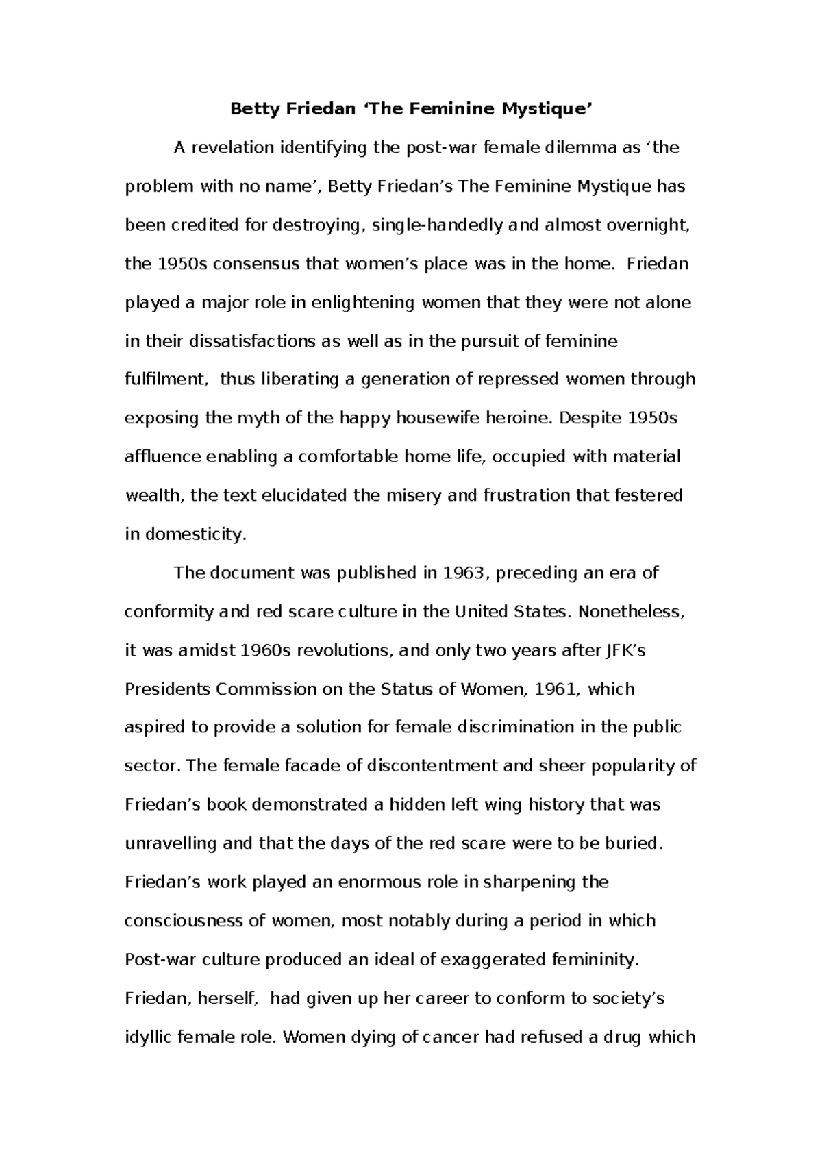Betty Friedan's The Feminine Mystique - Essay Analysis on Feminism ...
