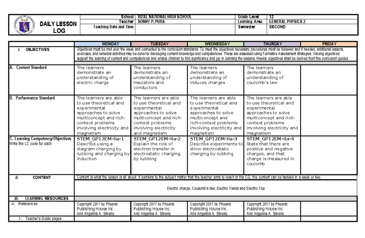 DAILY LESSON LOG: GENERAL PHYSICS 2 (Quarter 12) - Studocu