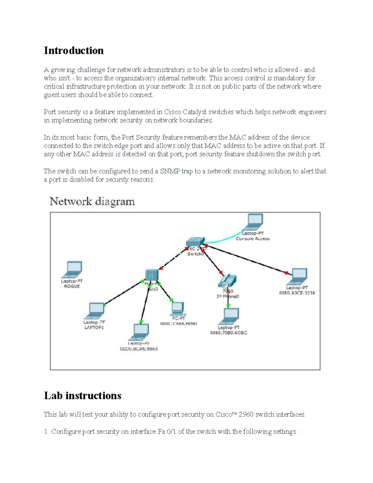 Packet Tracer Lab 4: Configuring Port Security on Cisco 2960 - Studocu