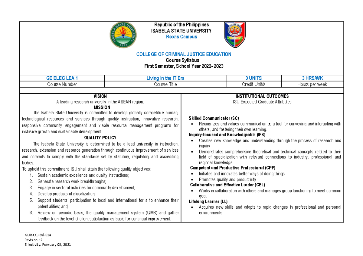 GE ELEC LEA 1 - Syllabus for Living in the IT Era (2022-2023) - Studocu