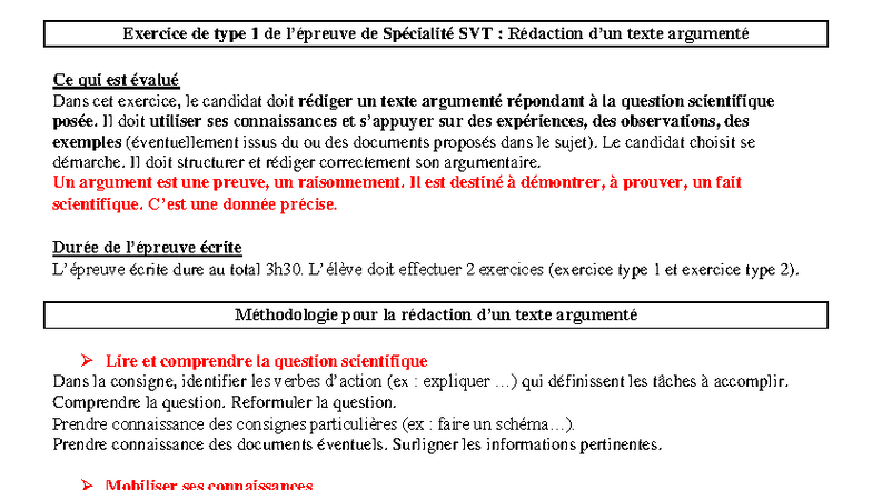 Exercice Type 1 SVT : Méthodologie Rédaction Texte Argumenté - Studocu