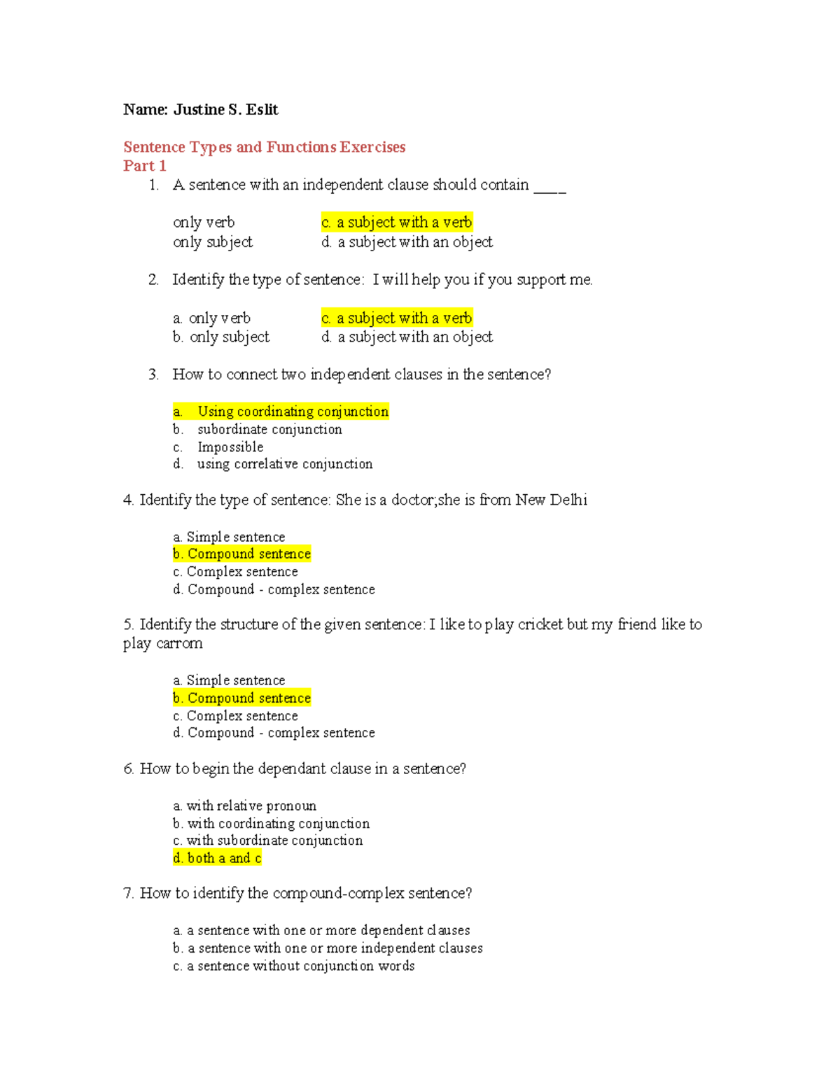 Sentence Structure Review: Types & Functions Exercises Part 1 - Studocu