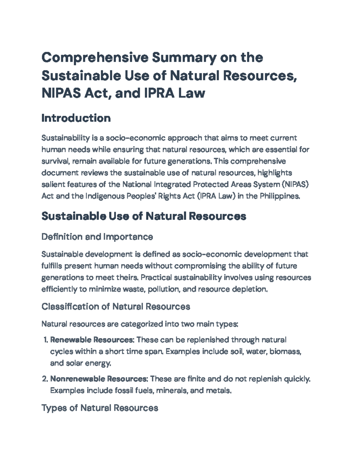 Comprehensive Overview of Sustainable Resource Use, NIPAS Act, & IPRA ...