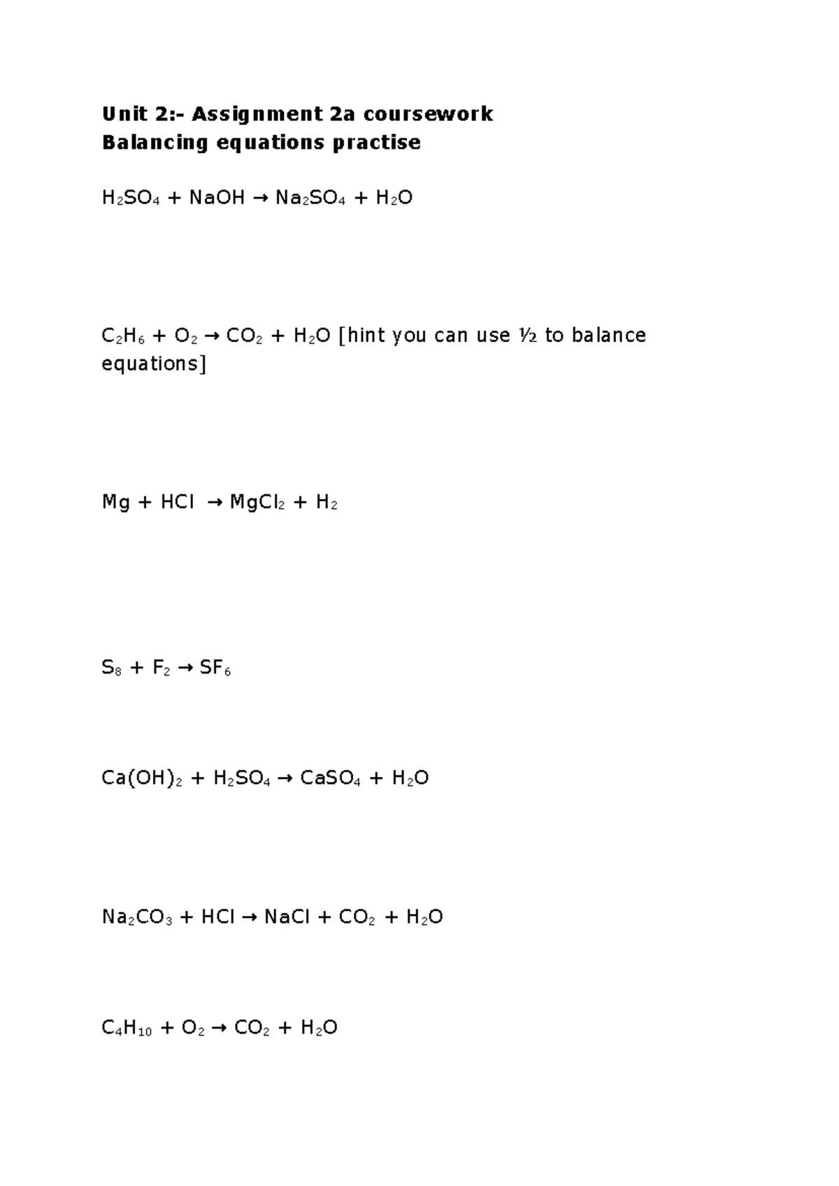 Balancing equations practise - Unit 2:- Assignment 2a coursework ...