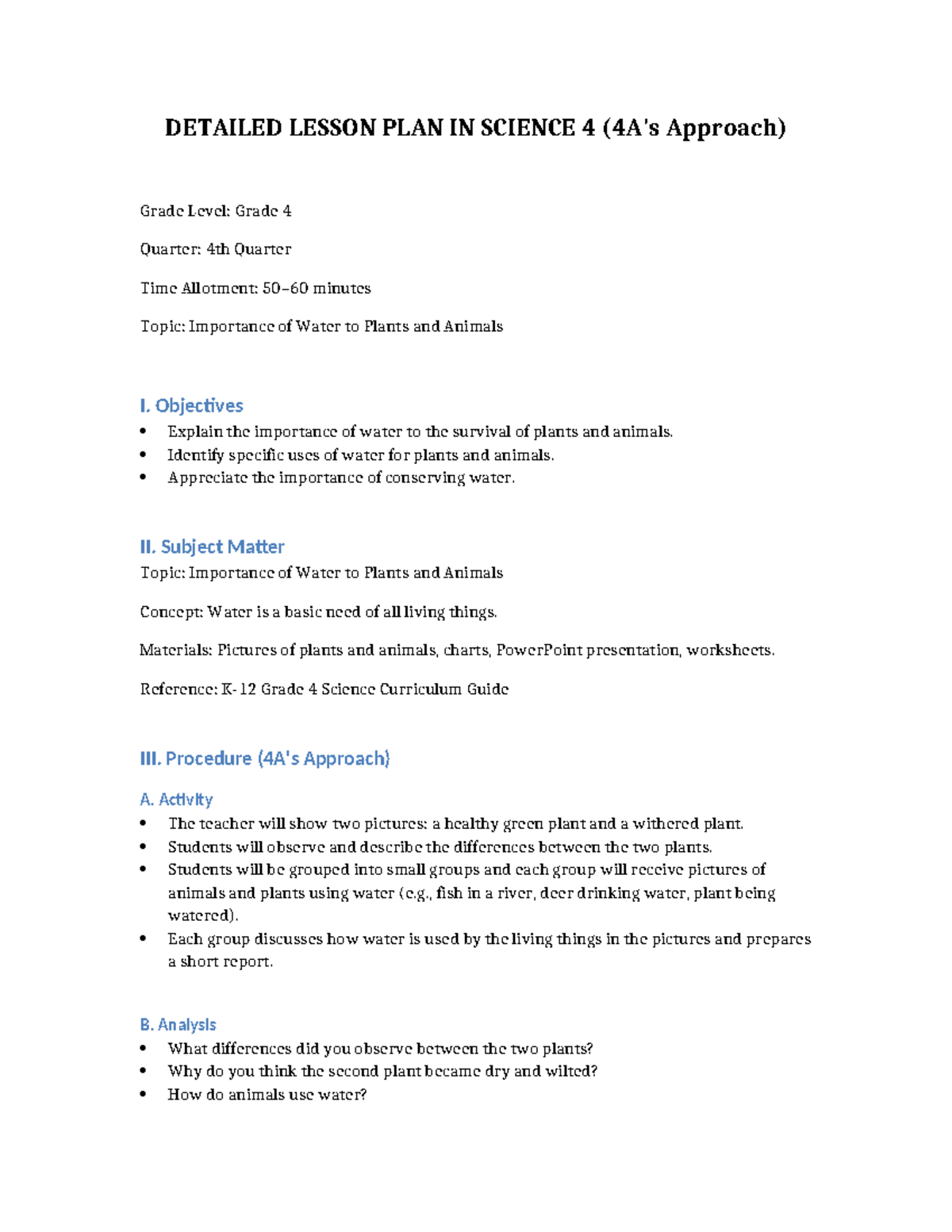 4As Detailed Lesson Plan: Importance of Water in Science 4 - Studocu
