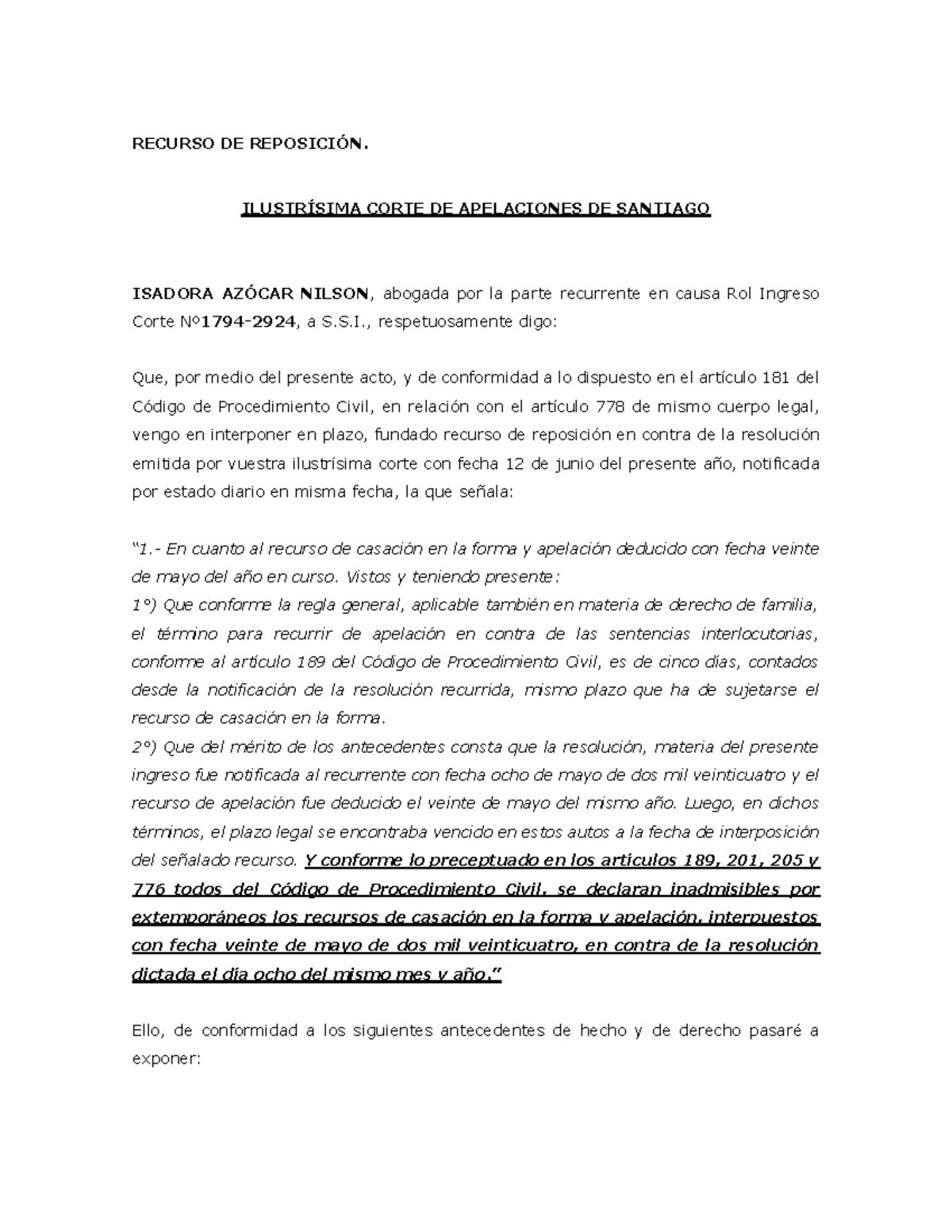 Recurso de Reposición en Corte de Apelaciones - Caso 2024 - Studocu