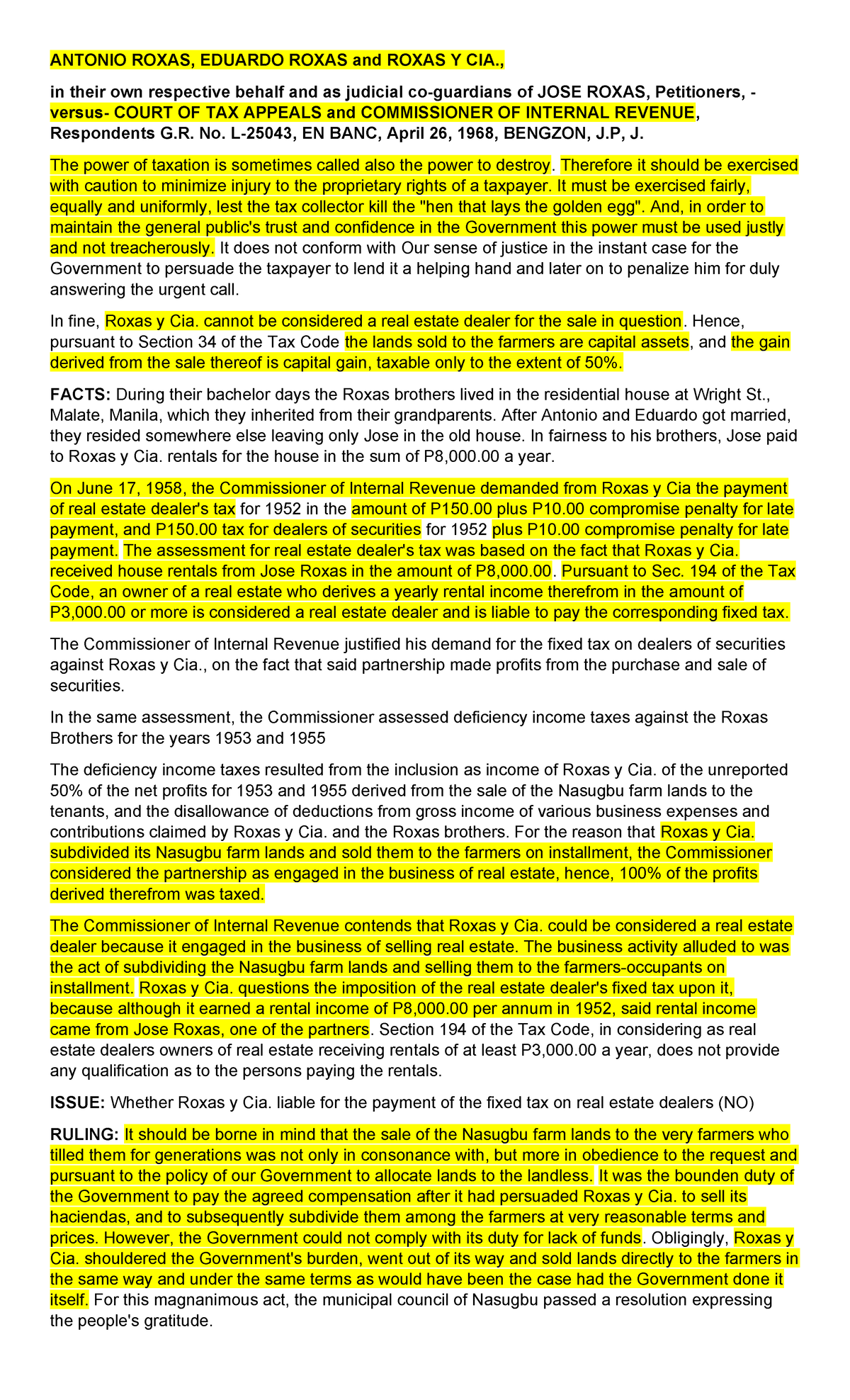 Antonio Roxas Case Digest: Taxation and Real Estate Dealer Status - Studocu