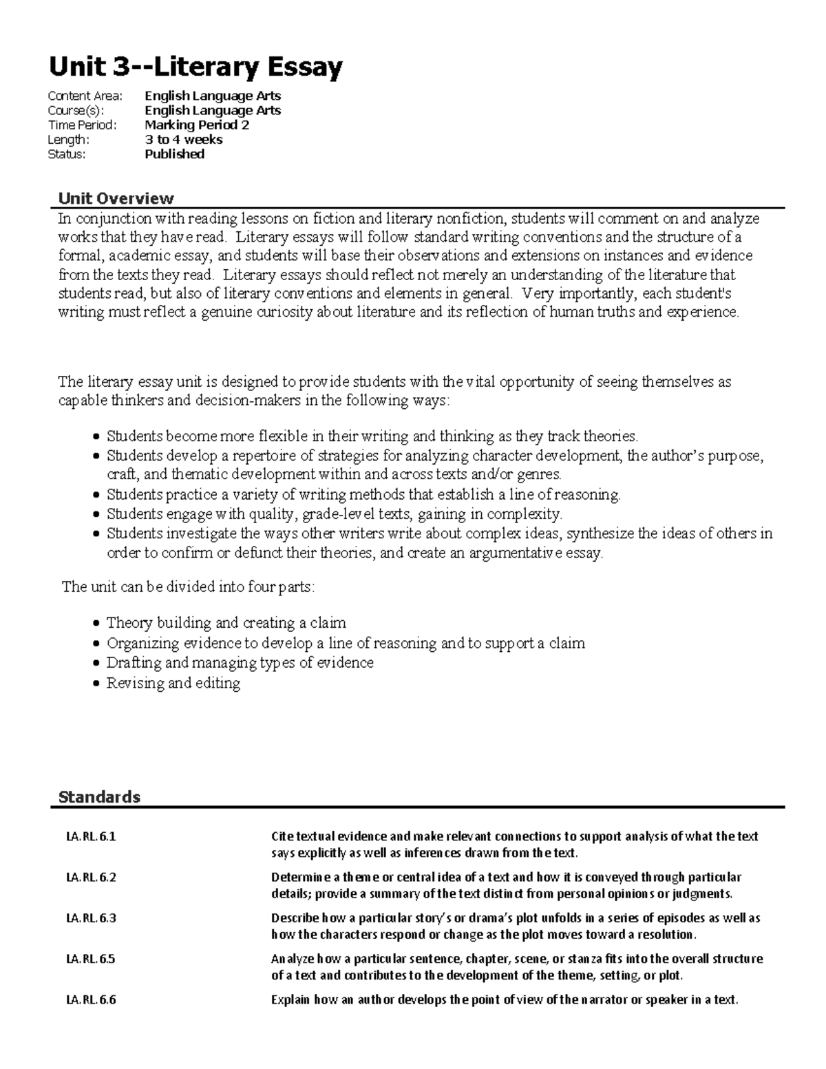 Unit 3: Literary Essay Overview for ELA (2025) - Studocu