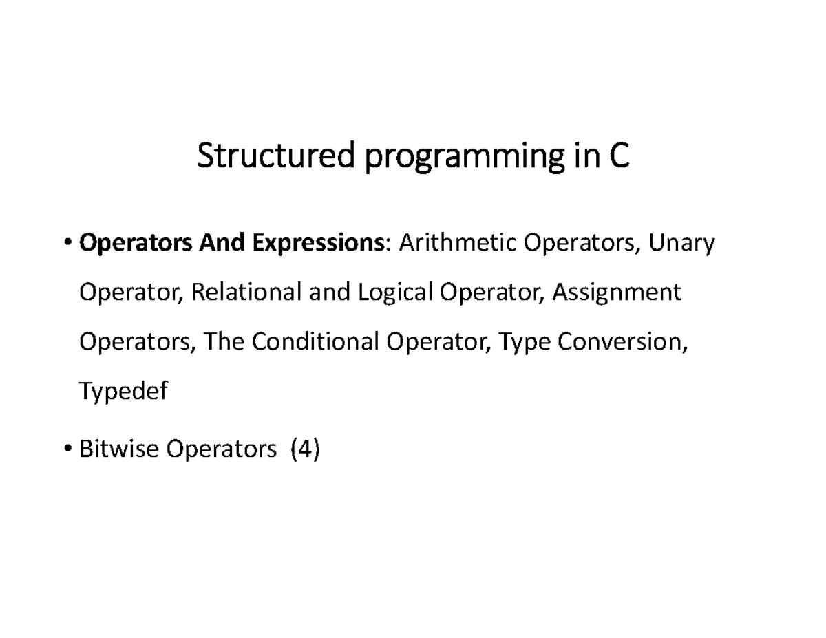 C1-3 Operators: Understanding Arithmetic, Unary, and Bitwise Operators - Studocu