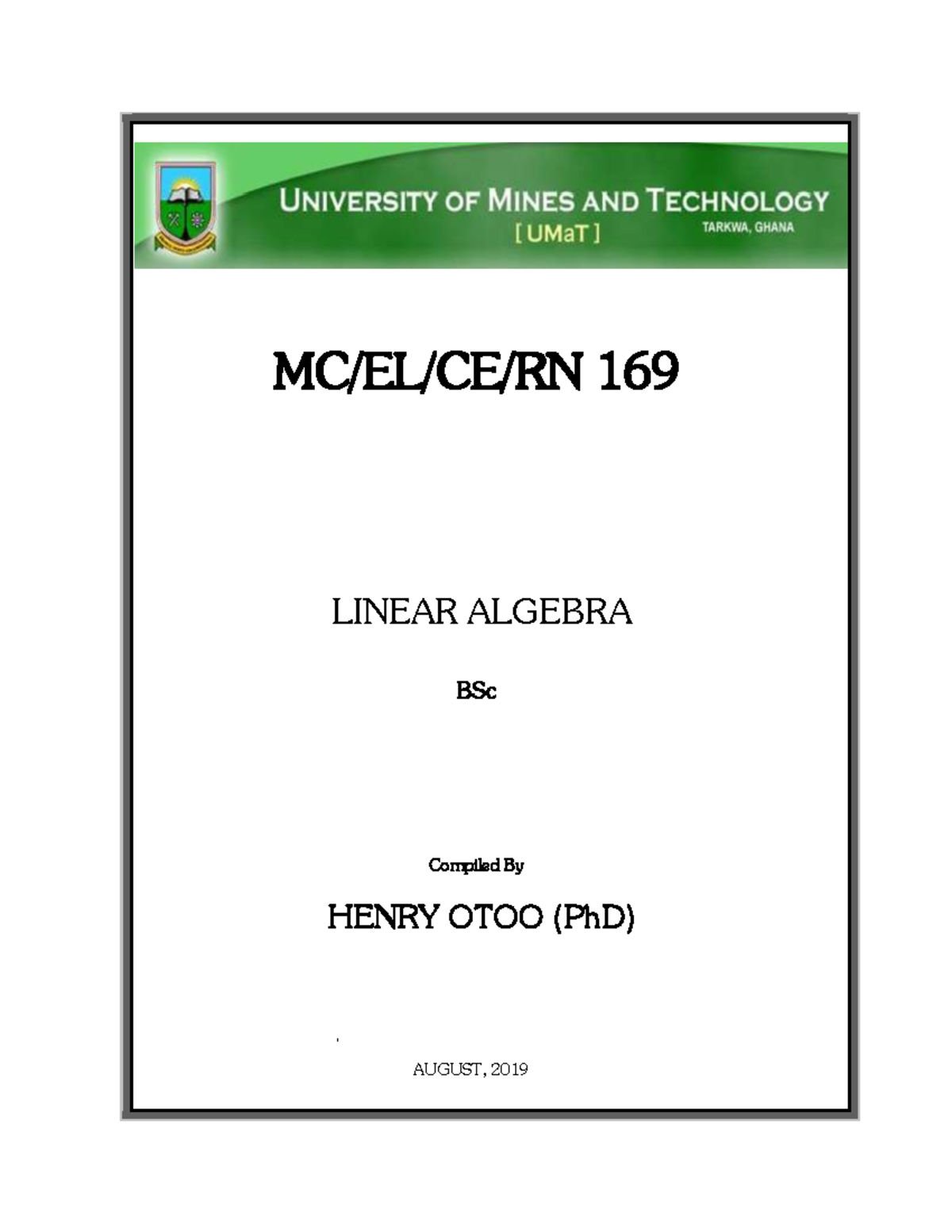 Linear Algebra MC/EL/CE/RN 169 Course Materials & Study Guide - Studocu